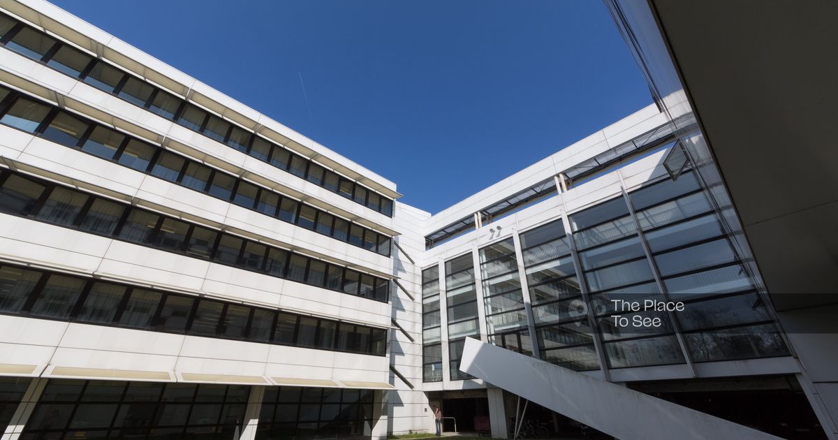 High tech school campus modern glass pure lines gymnasium locker room ...